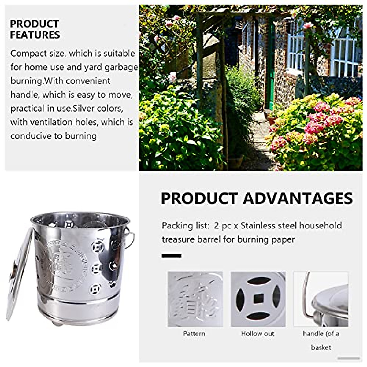 Happyyami Metal Bucket Metal Bucket 2pcs Metal Galvanised Garden Incinerator Bin Burning Leaves Wood Rubbish Dustbin Incinerator Furnace for Yard Garden (Furnace + Tongs) Burn Butter Biochar