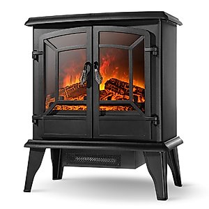 Della 19 Inch 1400W Electric Fireplace Compact Freestanding Portable Stove Heater with Realistic Wood Burning Flame Effect, for Living Room or Bedroom - Black