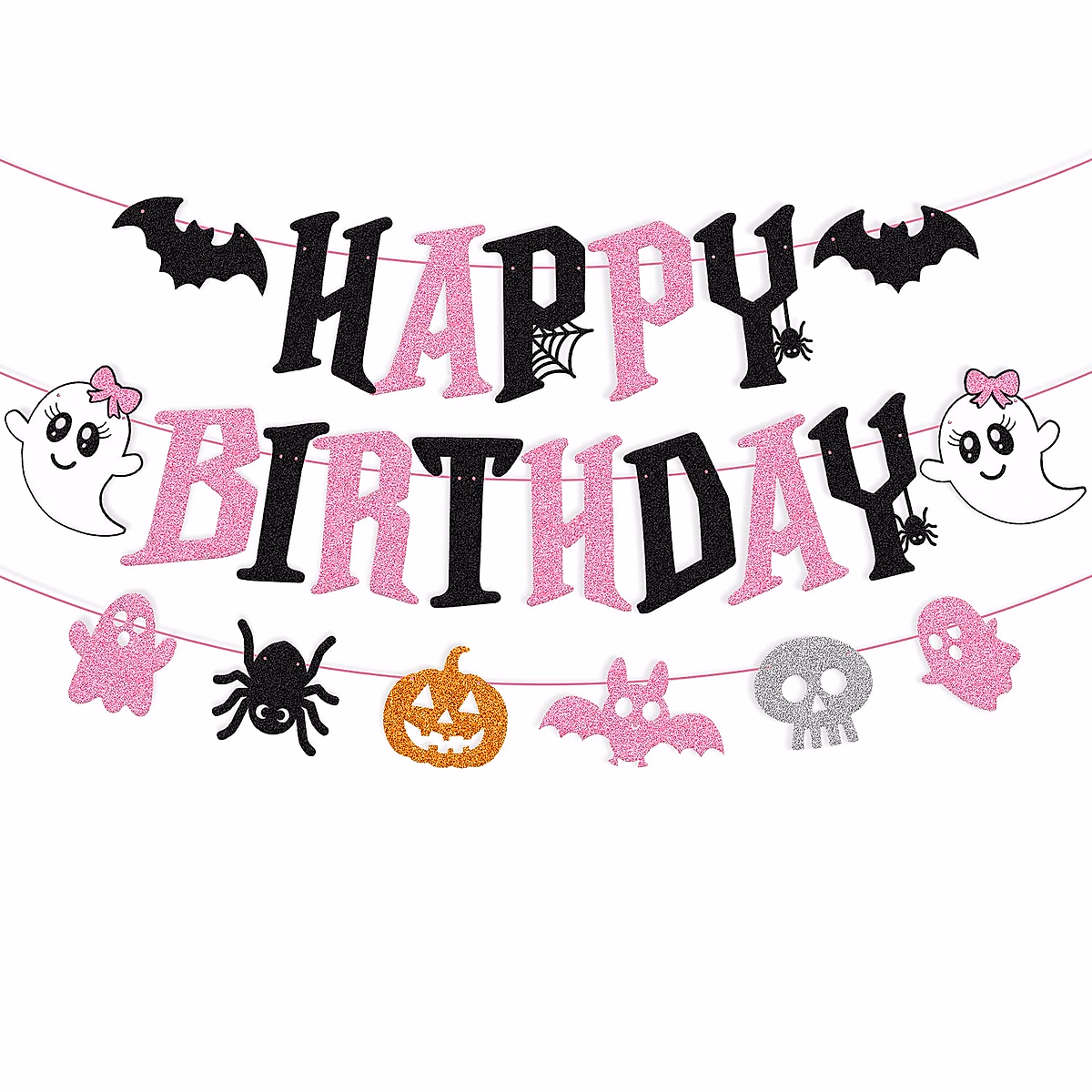 Halloween Happy Birthday Banner Hallows Bday Decoration Ghost Spider Bat Spooky Boo Horror Theme Halloween Eve Party Event Celebration Anniversary Decor for Girls Women Lady Glitter Black Pink