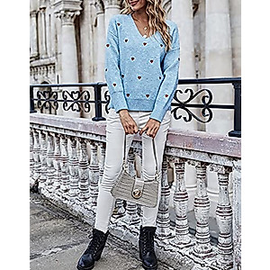 Alsol Lamesa V Neck Sweaters for Women Heart Long Sleeve Embroidery Pattern Pullover Sweaters