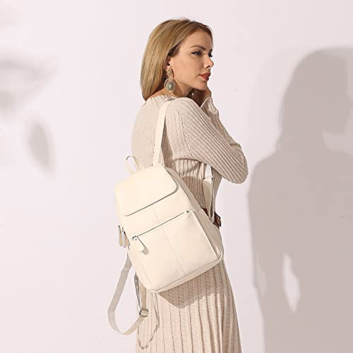 15 Colors Real Soft 100% Genuine Leather Women Backpack Fashion Ladies Travel Bag Preppy Style Schoolbags For Girls (Beige)