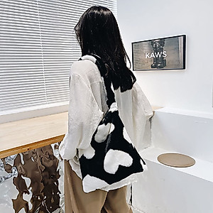 SUVIA Women Girls Fluffy Plush Shoulder Bag Large Cute Fashion Flower Handbag Soft Warm Dating Shopping Underarm Purse (B: White Hearts), medium