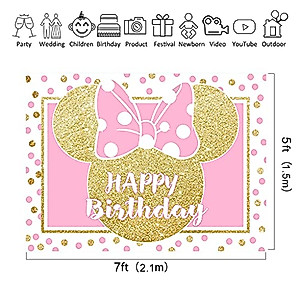 Riyidecor 7x5ft Happy Birthday Backdrop Mouse Pink Gold Polka Dots Princess Girl Photography Background Newborn Baby Shower Party Decoration Celebration Banner Props Photo Shoot Studio Fabric Cloth