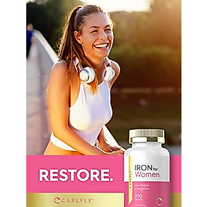 Iron Pills for Women | 45mg | 200 Slow Release Tablets | Vegetarian, Non-GMO, Gluten Free Supplement | by Carlyle
