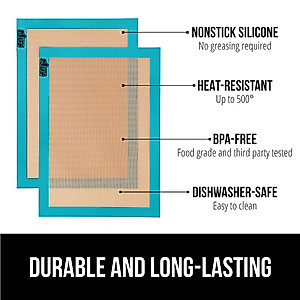 Gorilla Grip Silicone Oven Mitts Set of 2 and Silicone Baking Mats Set of 2, Silicone Oven Mitts are 14.5 Inch, Quarter Sheet Silicone Baking Mats, Both in Turquoise Color, 2 Item Bundle