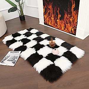 CKLZSAY Faux Fur Rug Three Layer Thick Washable Fluffy Soft Sheepskin Rug Rectangular 2x4 Feet Plush Rug for Living Room Bedroom Sofa Bedside Floor Cushion Rug (Black and White)