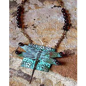 Elaine Coyne Collectible Artwear Verdigris Patina Dragonfly Necklace with Garnet - USA Made