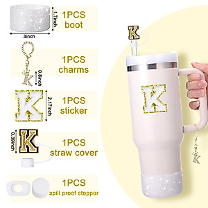 Mity rain 6pcs Cup Accessories Set for Stanley Cup 30 oz 40 oz Tumbler with Handle, Including Straw Cover Cap, Cup Initials Charm, Sticker, Silicone Boot, Round and Square Spill Proof Stopper,Letter K