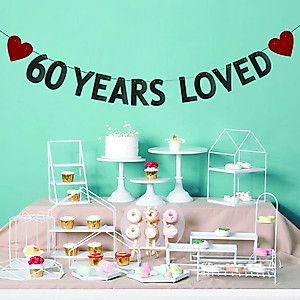 60 YEARS LOVED Banner，Pre-strung，60th Birthday/Wedding Anniversary Party Decorations Supplies，Black Glitter Paper Garlands Backdrops, Letters Black Betteryanzi