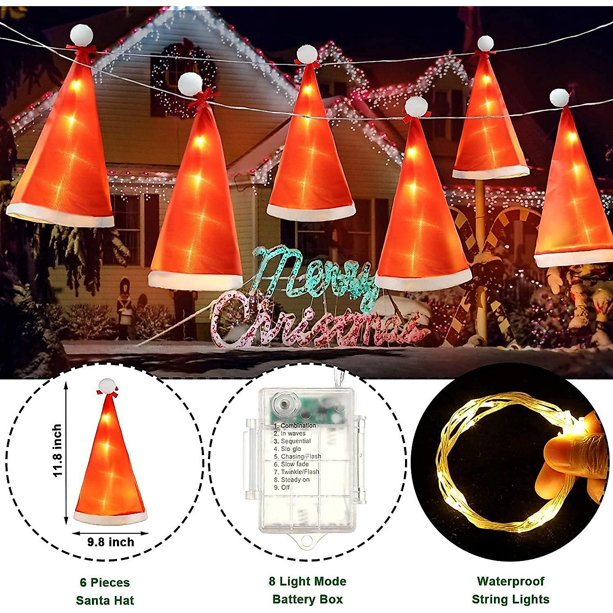 Xmas Hat Outdoor Hanging Light--6 Pieces Hanging Fairy Xmas Hat Waterproof String Lights --18 Leds Safety Fairy String Light With USB Or Battery Powered, Glowing Lights Decor For Home, Garden, Patio P