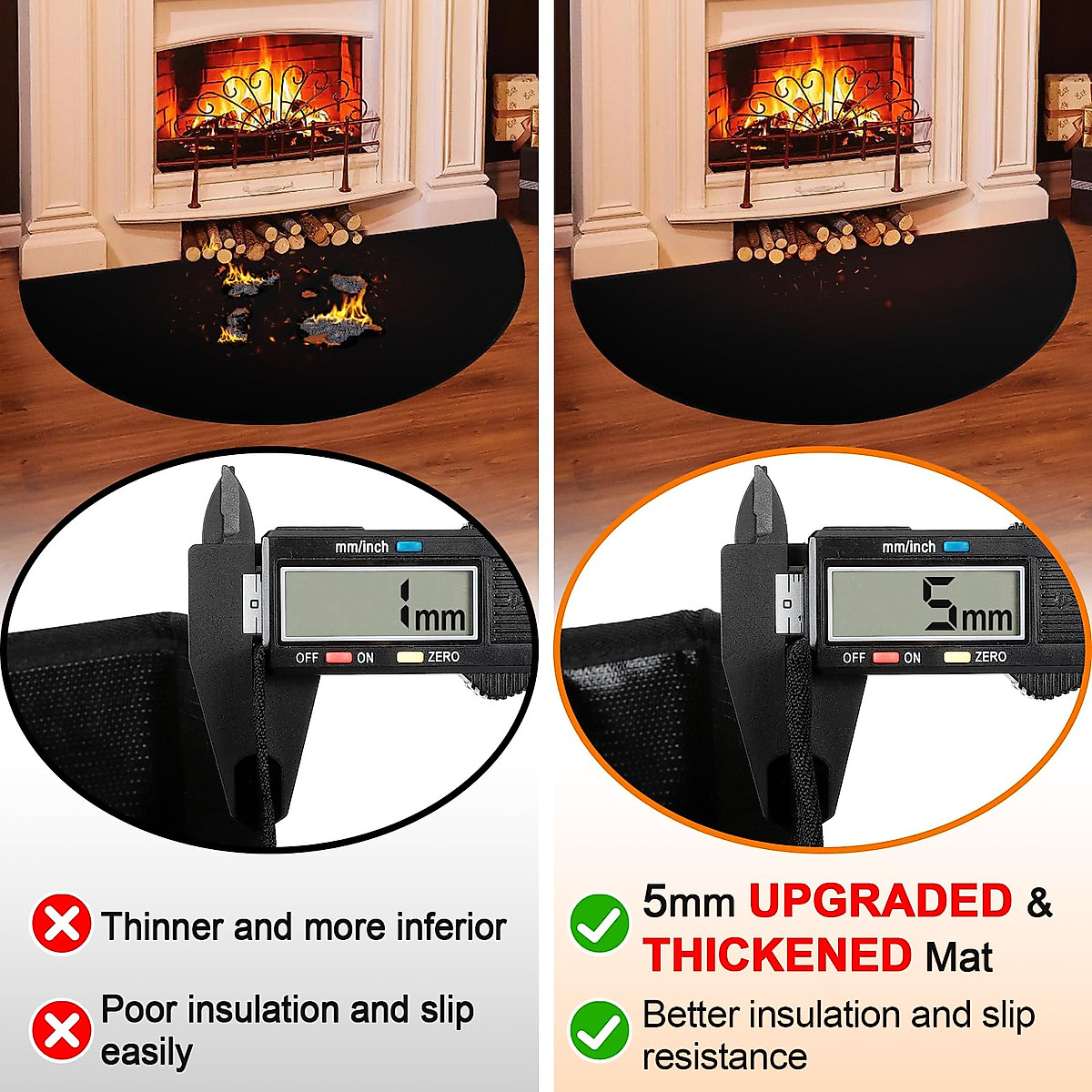 24'' x 42'' Upgraded Thickened Fireplace Mat, Half Round Fire Resistant Mat, Fireproof Rug Retardant Hearth Pad for Fireplace Wood Stove, Protect Floor from Sparks Embers Indoor Outdoor