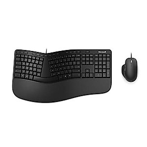Microsoft Ergonomic Desktop - Black - Wired, Comfortable, Ergonomic Keyboard and Mouse Combo, with Cushioned Wrist and Palm Support. Split Keyboard. Dedicated Office Key.