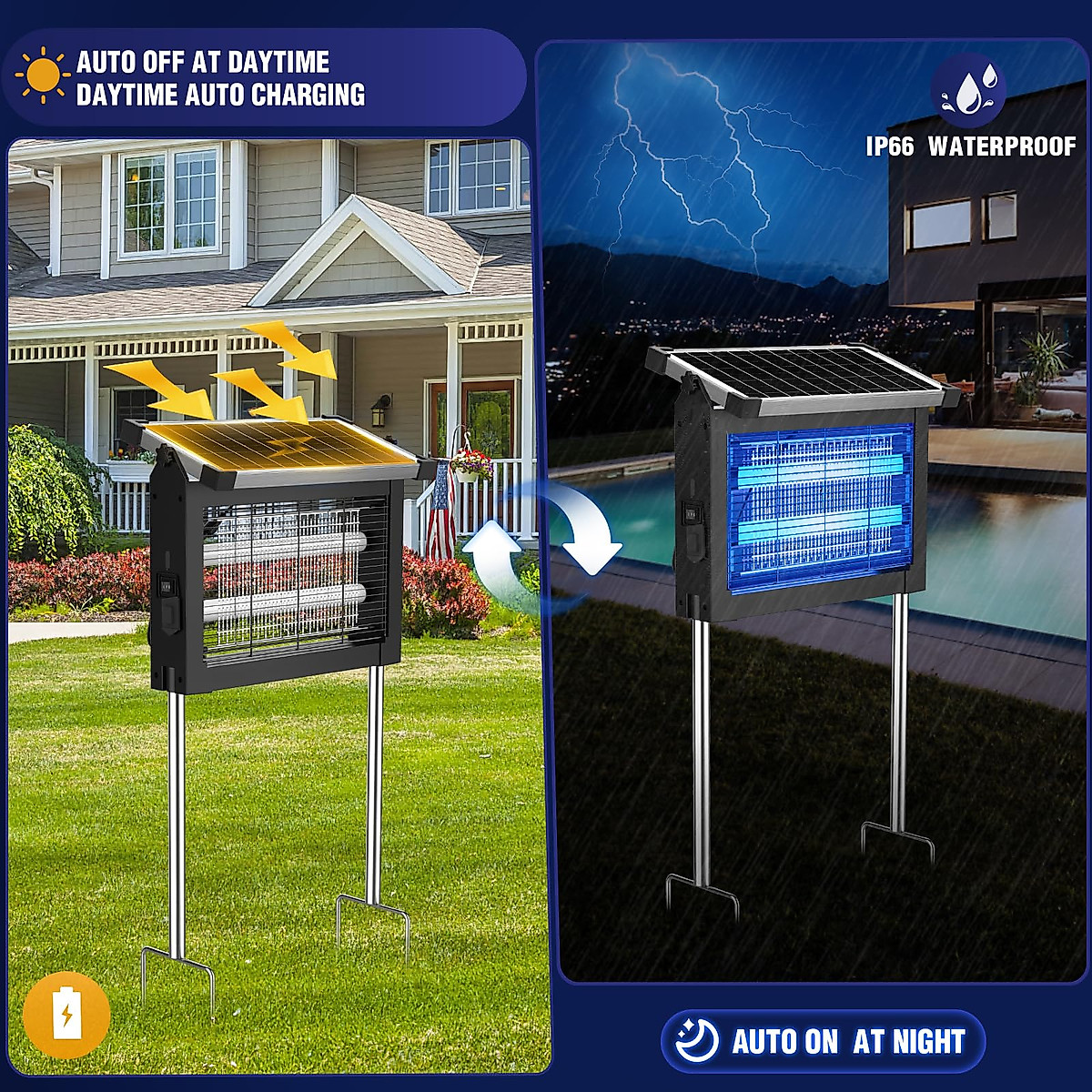 Solar Bug Zapper Outdoor, Wireless Portable Camping Mosquito Zapper with Panel Sensor, Fly Traps with 10FT Extension Cord, Fly Zapper, Mosquito Killer, Electric Trap Ideal for Home, Patio, Backyard