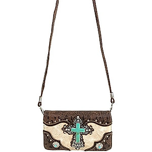 Justin West Tooled Leather Laser Cut Turquoise Rhinestone Cross Concho Studded Shoulder Tote Handbag Purse (Cream Purse and Wallet)