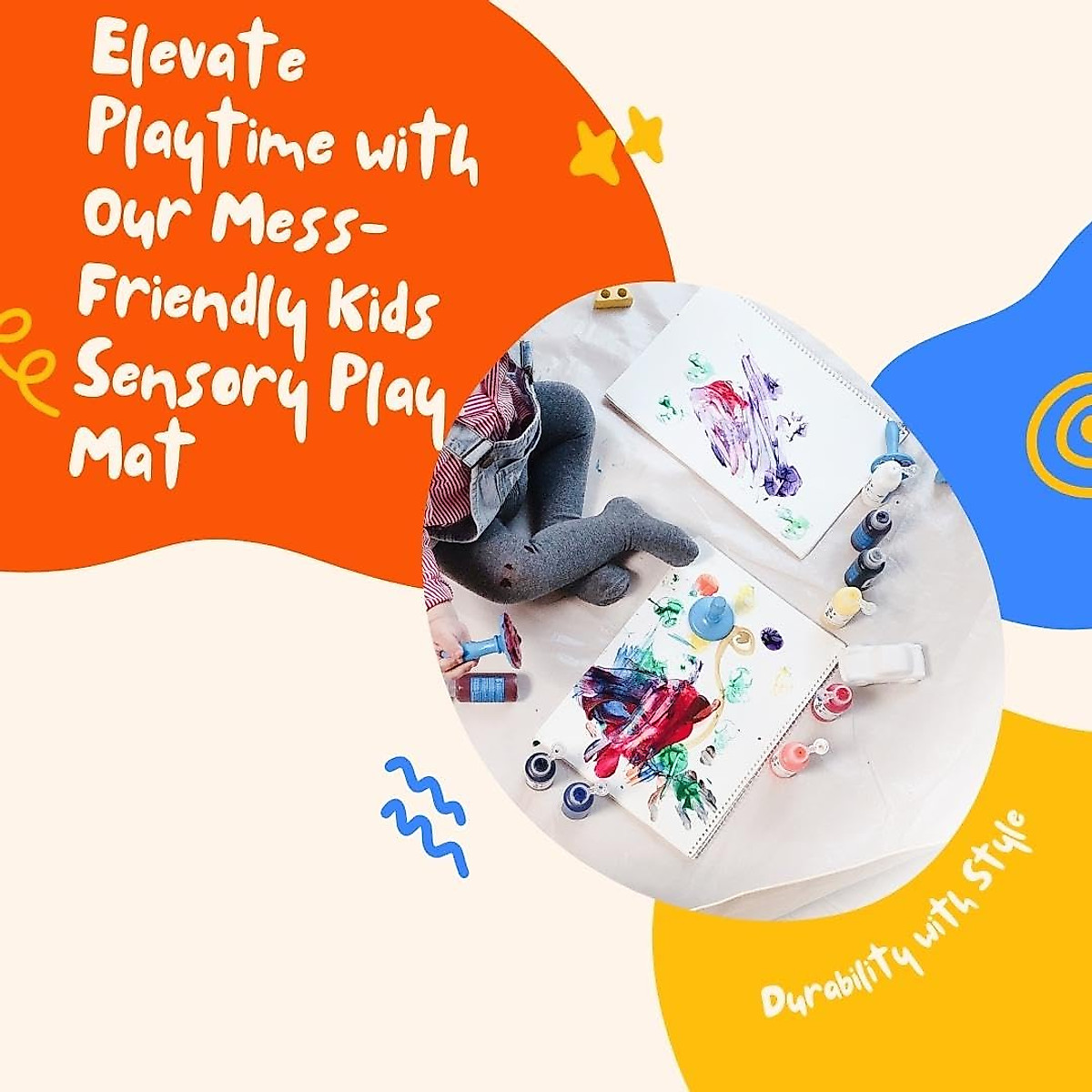 BLUETREE Sensory and Messy Play Mat for Toddlers, Infants and Kids, Safe, Waterproof, Double-Sided and Durable, Play Yard 59"x59"x7.9" Ivory and Gray