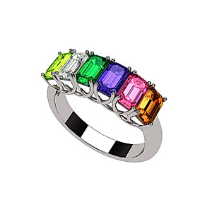 Central Diamond Center Emerald Cut Lucita Mothers Birthstone Ring w/ 1 to 7 Simulated Birthstones - Sterling Silver-Size 11