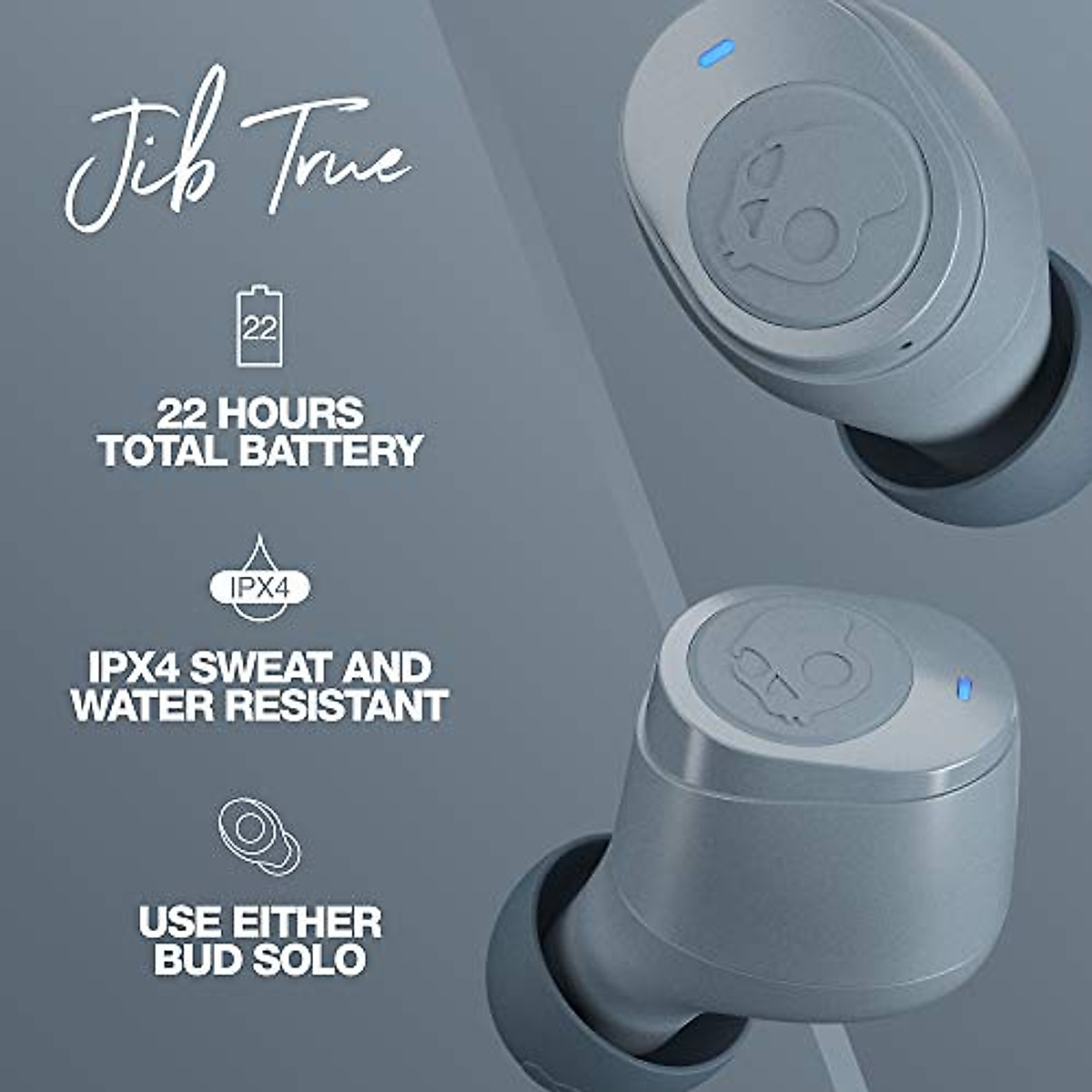 Skullcandy Jib True In-Ear Wireless Earbuds, 22 Hr Battery, Microphone, Works with iPhone Android and Bluetooth Devices - Chill Grey