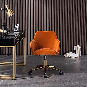 Goujxcy Swivel Office Chair Computer Task Chair with Wheels Microfiber Rolling Desk Chair with Wooden Arms and Height Adjustable Metal Base (Orange)