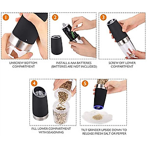 Gravity Electric Salt and Pepper Grinder Set, Automatic Pepper and Salt Mill Grinder,Battery-Operated with Adjustable Coarseness, Premium Stainless Steel with LED Light, (BLACK 1-PACK)