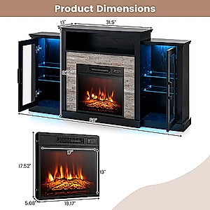 Tangkula Electric Fireplace TV Stand, Electric Fireplace Mantel with 16-Color Led Lights, Adjustable Glass Shelves, Remote & Smart APP Control, TV Console for Living Room (Black)