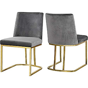 Meridian Furniture Heidi Collection Modern | Contemporary Velvet Upholstered Dining Chair with Polished Gold Metal Frame, Set of 2, 19" W x 23" D x 32" H, Grey