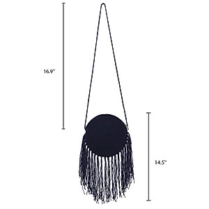 QTKJ Boho Long Cotton Tassels Crochet Flower Mini Crossbody Bag Handwoven Summer Beach Round Shoulder Bag with Zipper (Navy Blue)