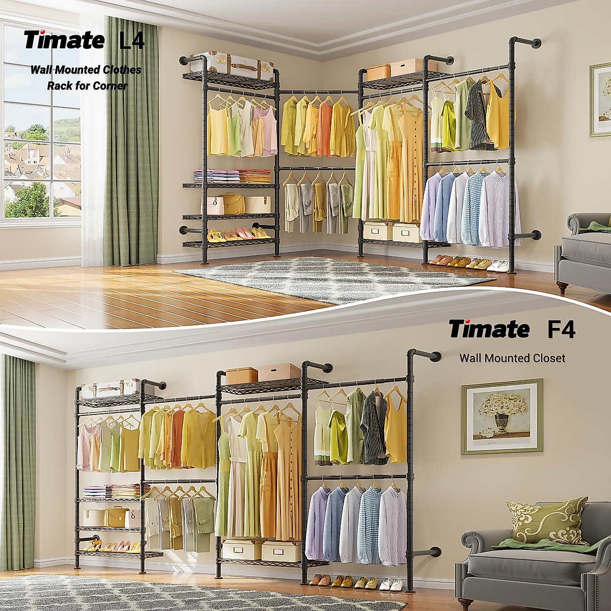 Timate L4 L Shape Garment Rack Heavy Duty Clothes Rack for Hanging Clothes, Expandable Industrial Pipe Clothing Rack, Wall Mounted Closet Organizer Large Wardrobe Closet Kit Corner Closet System Black