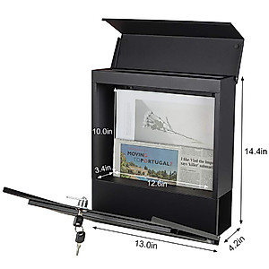 Decaller Metal Wall Mounted Mailboxes with Key Lock, Large Mail Box with Newspaper Compartment, Black, 13" x 14 2/5" x 4 1/5"