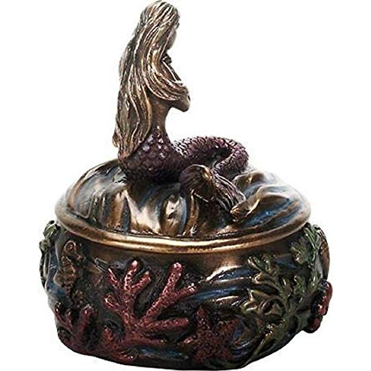 SUMMIT COLLECTION Decorative Art Nouveau Style Sirens of The Sea Mermaid Holding Hand Over Chest Praying Mermaid Fantasy Resin Jewelry Trinket Box 3.25 Inch Tall Faux Bronze