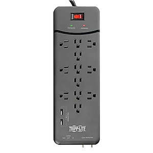 Tripp Lite TLP128TTUSBB 12 Outlet Surge Protector Power Strip, 2 USB Charging Ports, Tel/Modem/Coax Protection, 8ft Cord Right Angle Plug, Black, Lifetime Insurance & $150K Insurance
