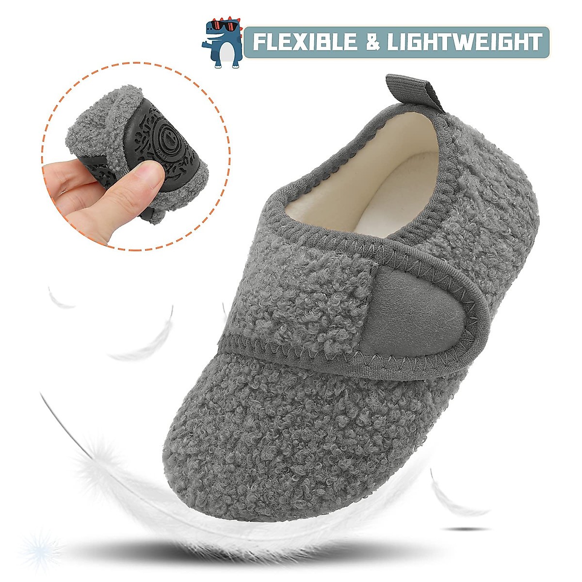 Scurtain Toddler Baby Boys Girls Cute Shoes Non Skid Hook And Loop Soft Slipper Warm Plush Lined Grey Infant Size 3.5-4.5