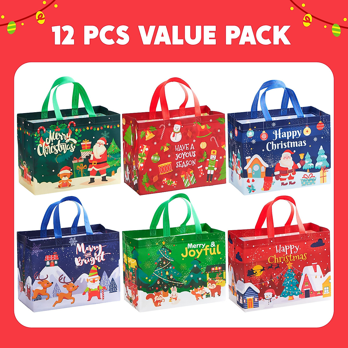 JOYIN Christmas 12 PCS Tote Bags Large Size 12.8"*9.8" Gift Bags for Xmas Party. Holiday Reusable Grocery Bags Bulk With Handles as Goodie Bags, Party Supplies Bags, Party Favor Shopping Bags.