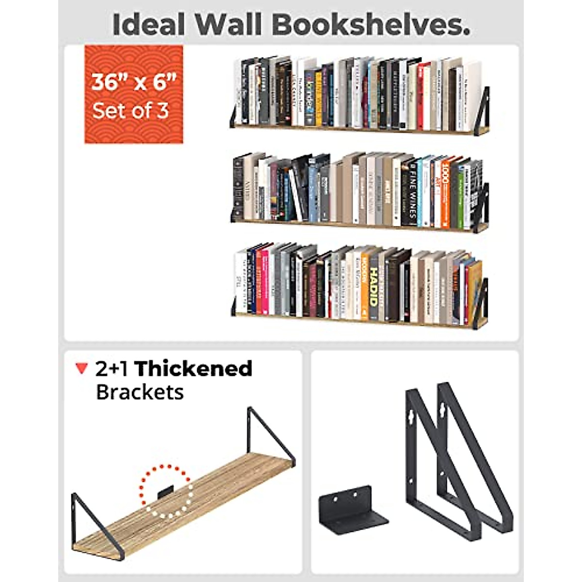 Greaittle 36 Inch Floating Book Shelves, Set of 3, with Middle Brackets for Sturdiness, Hanging Bookshelves for Wall, Long Floating Shelves for Wall Storage (36" x 6", Brown)