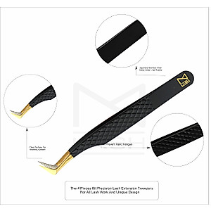 M LASH Eyelash Extension Tweezers (Set of 4) - Professional & Precision Lash Tweezers for Eyelash Extensions - Japanese Steel, Diamond Grip, Fiber Tip (Matte Black)