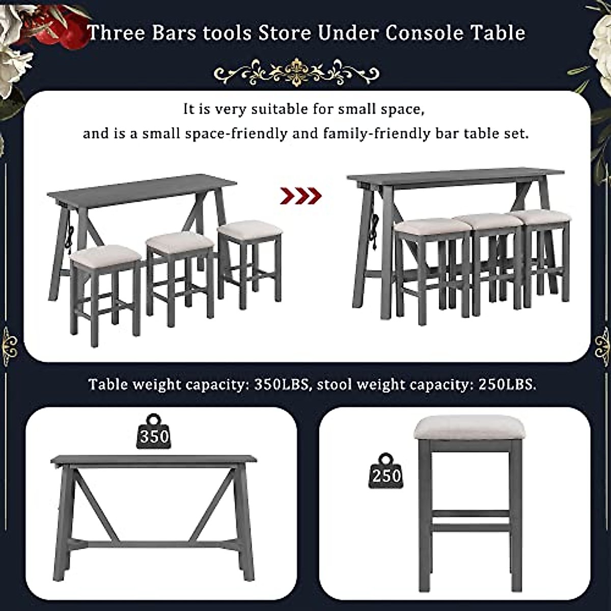 Merax 4-Piece Bar Table Set with USB Port and 3 Fabric Padded Stools w/Footrest, Rustic Bar Dining Set