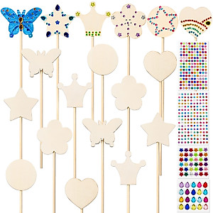 Pllieay Princess Fairy Wands Kit Include 18 Pieces 6 Styles Unfinished Wooden Princess Wand and 4 Gem Stickers Princess Art Magical Show for Party Supplies