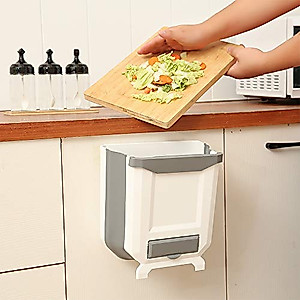 Hanging Kitchen Trash Can,Small Foldable Hanging Trash in Kitchen,Collapsible Waste Bin Trash for Cabinet/Car/Bathroom/Bedroom Trash Can Small, 2.2 Gallon,Gray