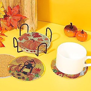 8 PCS Fall Diamond Painting Coasters Pumpkin Diamond Art Coasters 5D Full Drill Diamond Coasters Kit Thanksgiving Drink Cup Coaster Round with Cork Base Holder for Autumn Harvest Party Supplies