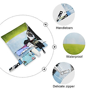 2pcs Farm Animal Cow Cloth Diaper Wet Dry Bag Waterproof Reusable Wet Dry Organizer,Green Grass Washable Wet Bag with Two Zippered Pockets for Travel Beach Gym Swimsuits Toiletries