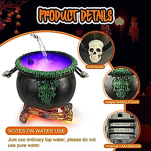 Cauldron Halloween Decor 8" Witch Plastic Cauldron with 12 LED Mist Maker & Splash Guard & Glowing Charcoal Base, Perfect for Halloween Party Decoration Witch Cauldron Decor Haunted House Props