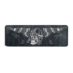 Skull with Vintage Motorcycle Runner Rug Floor Mat Non-Skid Kitchen Rug Soft Area Rug for Bathroom Entryway Hallway Dining Living Room