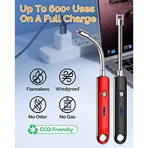 Candle Lighters 2 Pack Windproof Electric Lighters USB Rechargeable 360° Flexible Neck Long Lighter with Safety Lock Flameless Plasma Arc Lighter for Candle Grill Aromatherapy Camping (Black+Red)