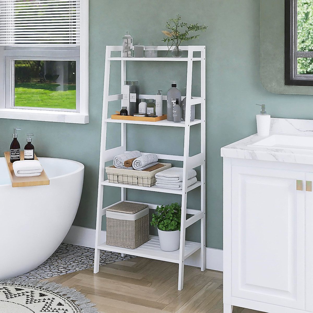 HITNET White Ladder Bookshelf, Leaning Bookcase, 4-Tier Bamboo Shelf, Floor Standing Storage Shelving Unit, Open Display Book Shelves