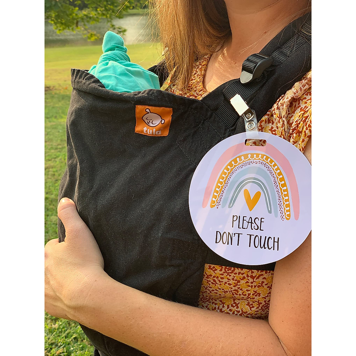 THREE LITTLE TOTS – Rainbow Stop No Touching Baby Car Seat Sign or Stroller Tag - CPSIA Safety Tested