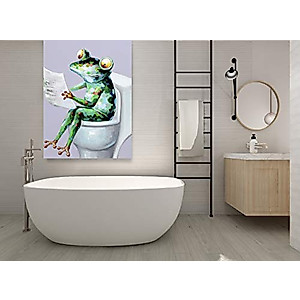 Yihui Arts Funny Bathroom Wall Art Hand Painted Happy Frog Reading Book Large Painting Pictures with Framed for Decor