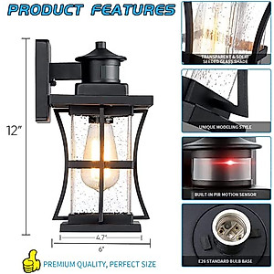 Motion Sensor Outdoor Wall Lights Fixture, Advanced Dusk to Dawn Exterior Lighting, Outside Light for House, Garage, Anti-Rust Waterproof Front Porch Lanterns Fixtures Wall Mount, Seeded Glass, Black