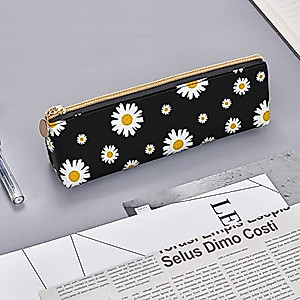 Ykklima White Yellow Daisy Flower Black Leather Pencil Case Zipper Pen Makeup Cosmetic Holder Pouch Stationery Bag for School, Work, Office