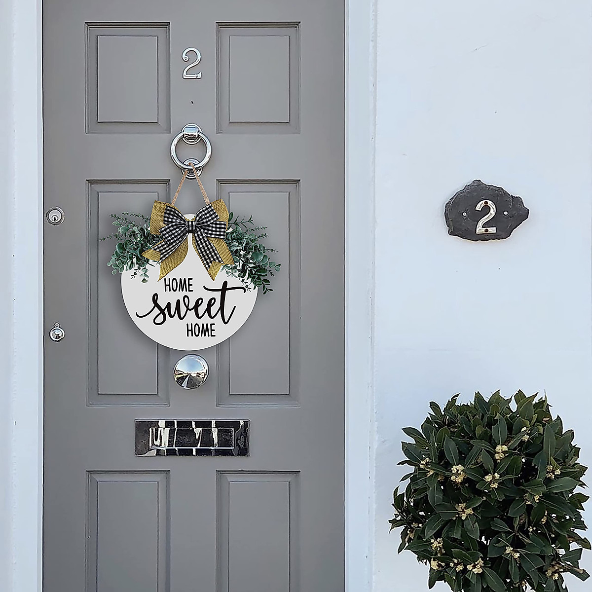 MayAvenue Home Sweet Home Wreaths Decor Sign Front Door, Round Wood Hanging Sign with Ribbon Bow and Artificial Green Leaves, Farmhouse Porch Decorations for Home Thanksgiving, White