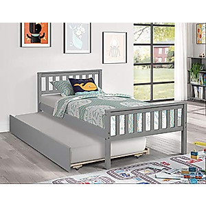 Twin Platform Bed with Trundle, Solid Wood Bed Frame with Headboard, Footboard for Teens Boys Girls,No Box Spring Needed (Grey)