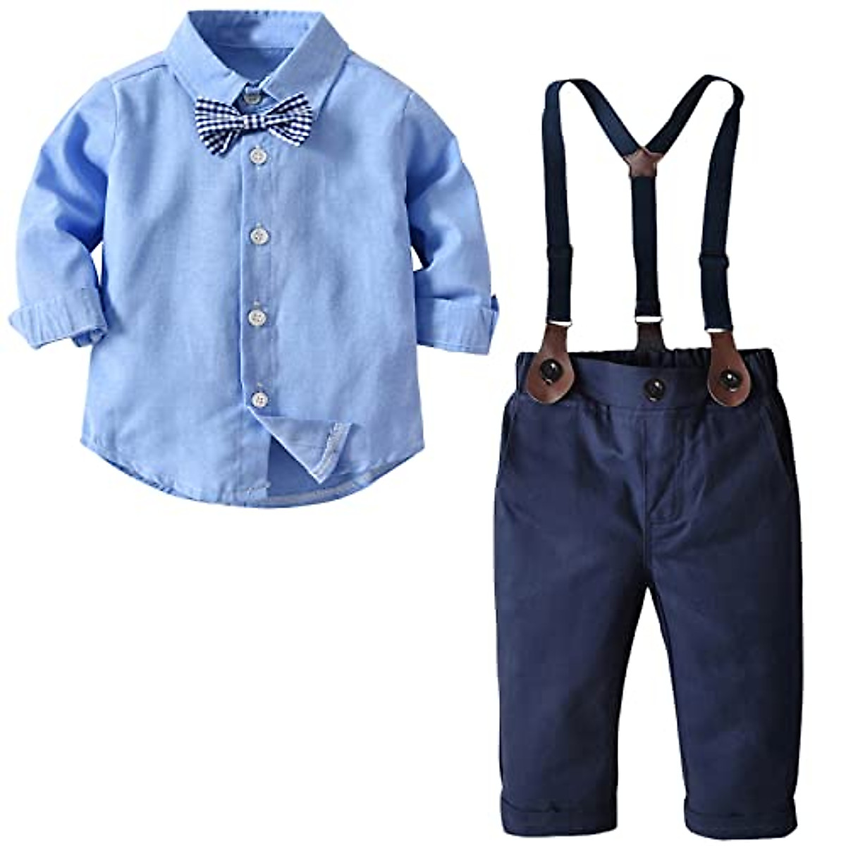 Joe Wenko Baby Boys Clothes Pants Set, Long Sleeve Dress Shirts with Bowtie and Suspender Pants Outfit Navy, 18-24 Months